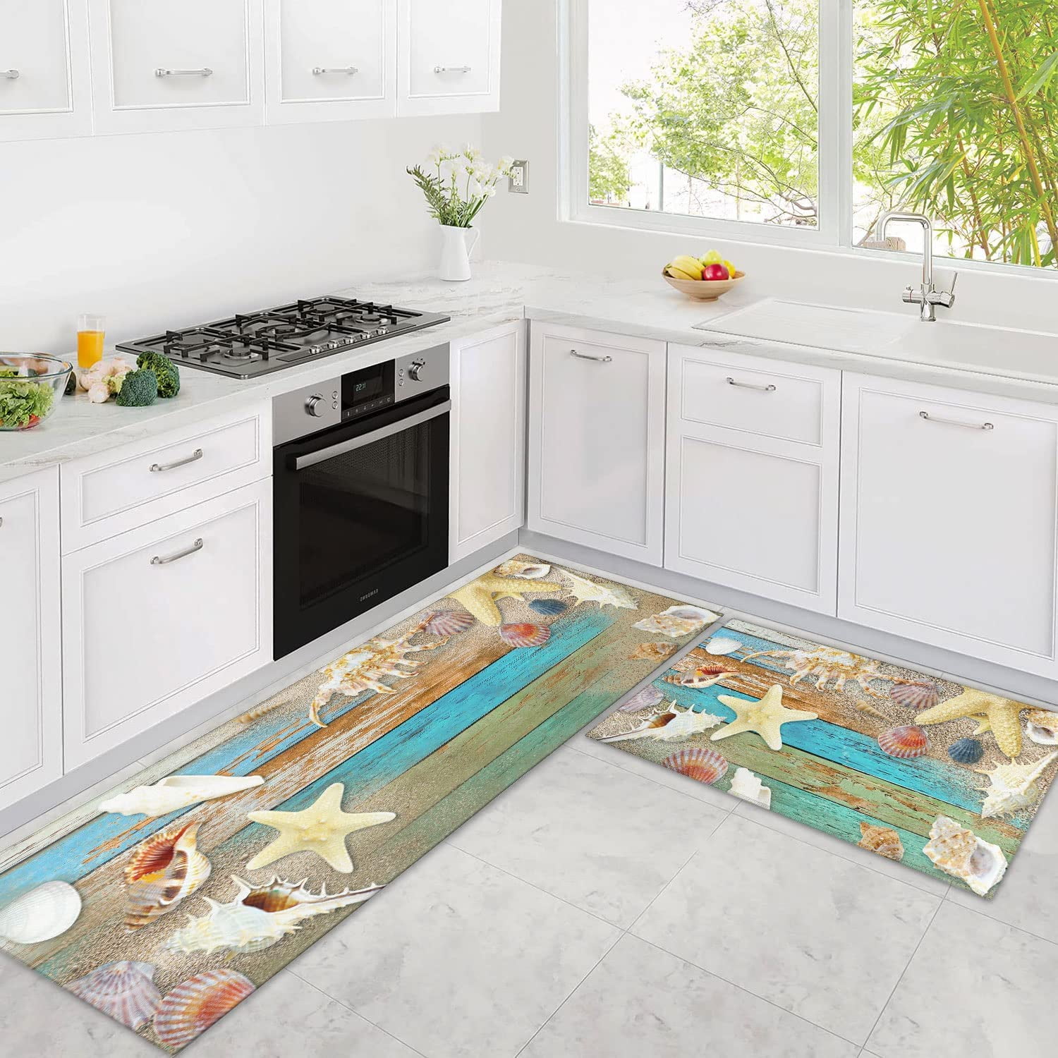 Nautical Kitchen Rugs Set, Beach Starfish Kitchen Mats Cushioned Anti ...