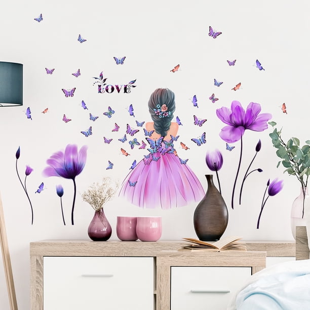 4pcs Tulip Little Girl Butterfly Wall Stickers, Wall Sticker, Self ...