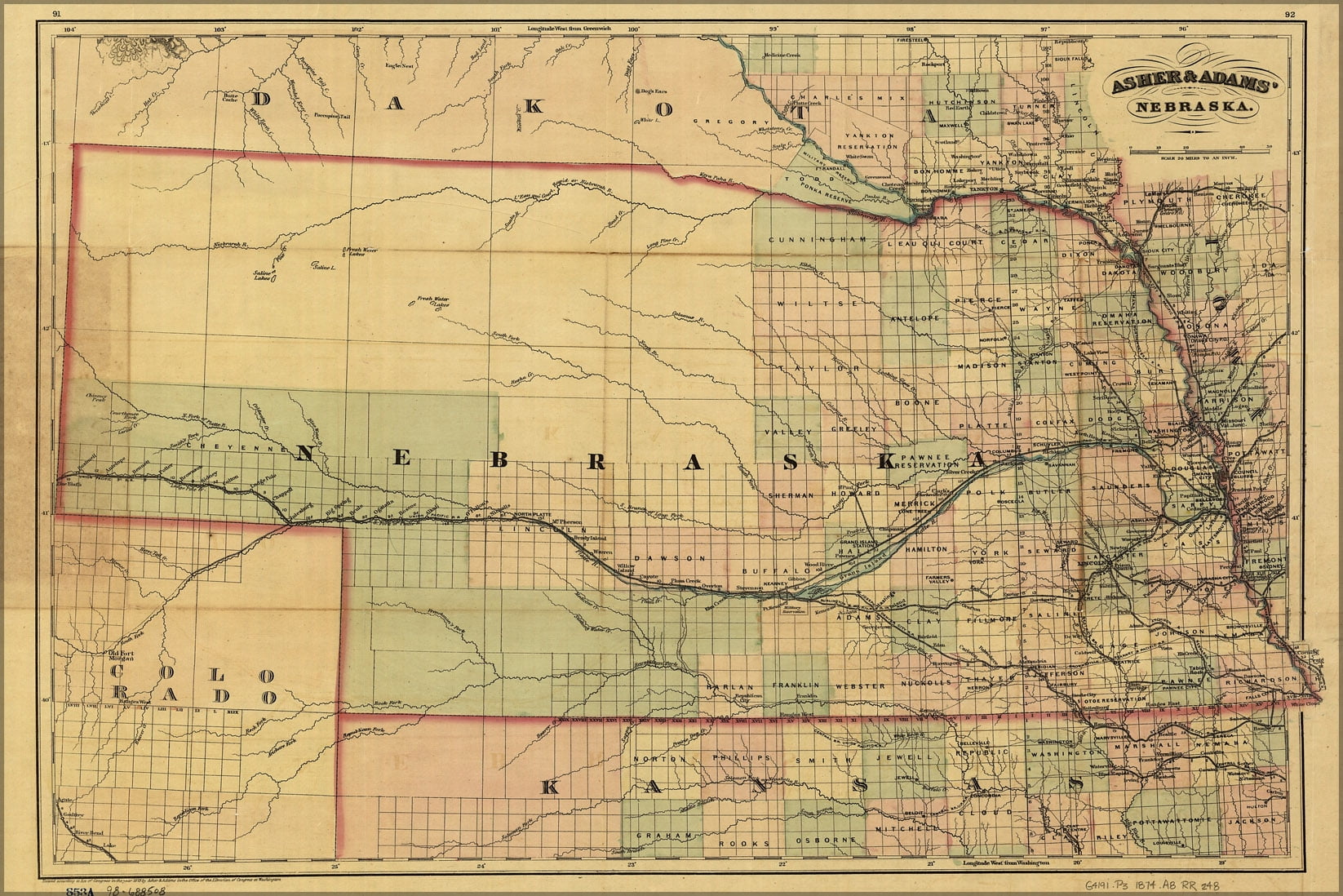 24"x36" Gallery Poster, commercial railroad map of Nebraska 1874 ...