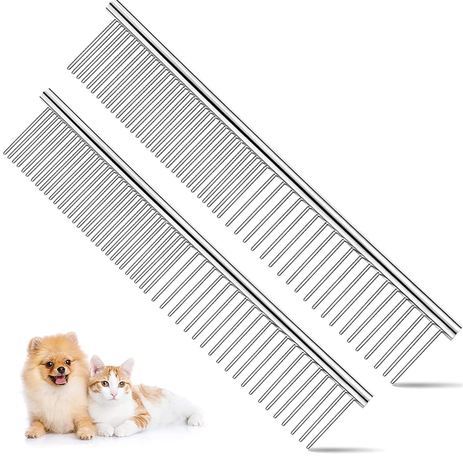 2PCS Dog Combs for Grooming in Stainless Steel,Cat Combs for Grooming ...