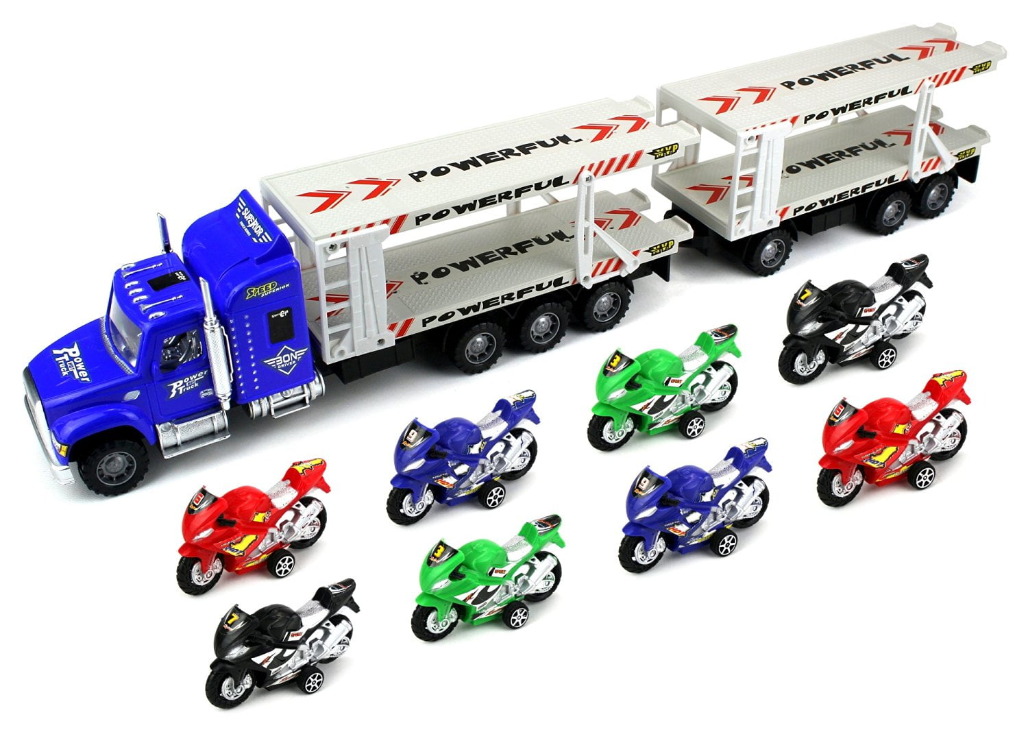 Race Motorcycle Trailer Children's Friction Toy Transporter Truck Ready ...