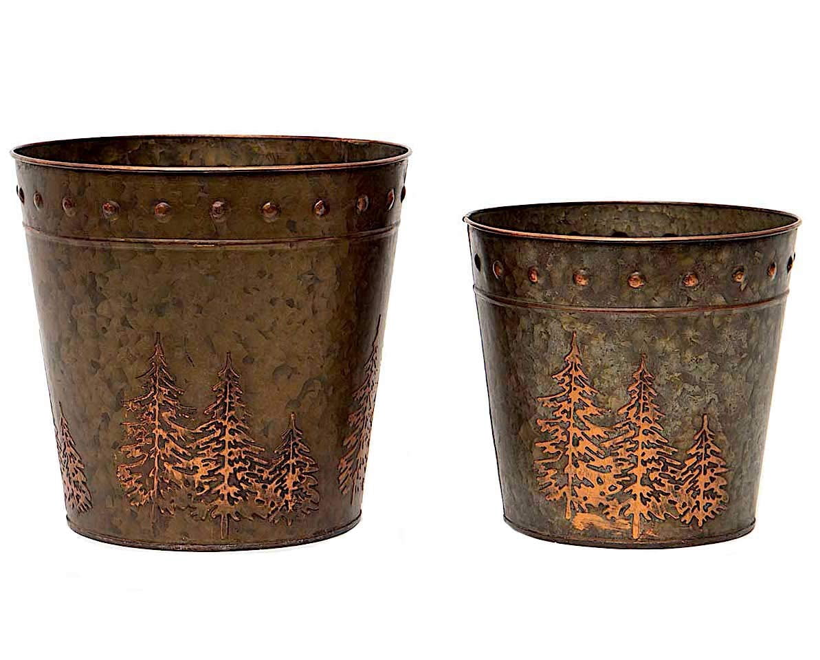 MeraV Christmas Antique Bronze Buckets, Embossed Pine Trees, Metal ...