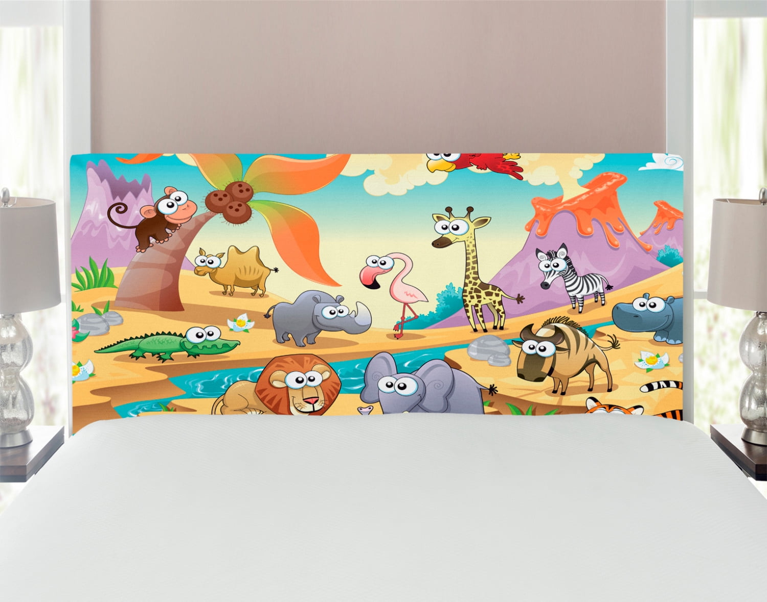 Cartoon Headboard, Savannah Animal Family Volcanos Mammals Nature ...