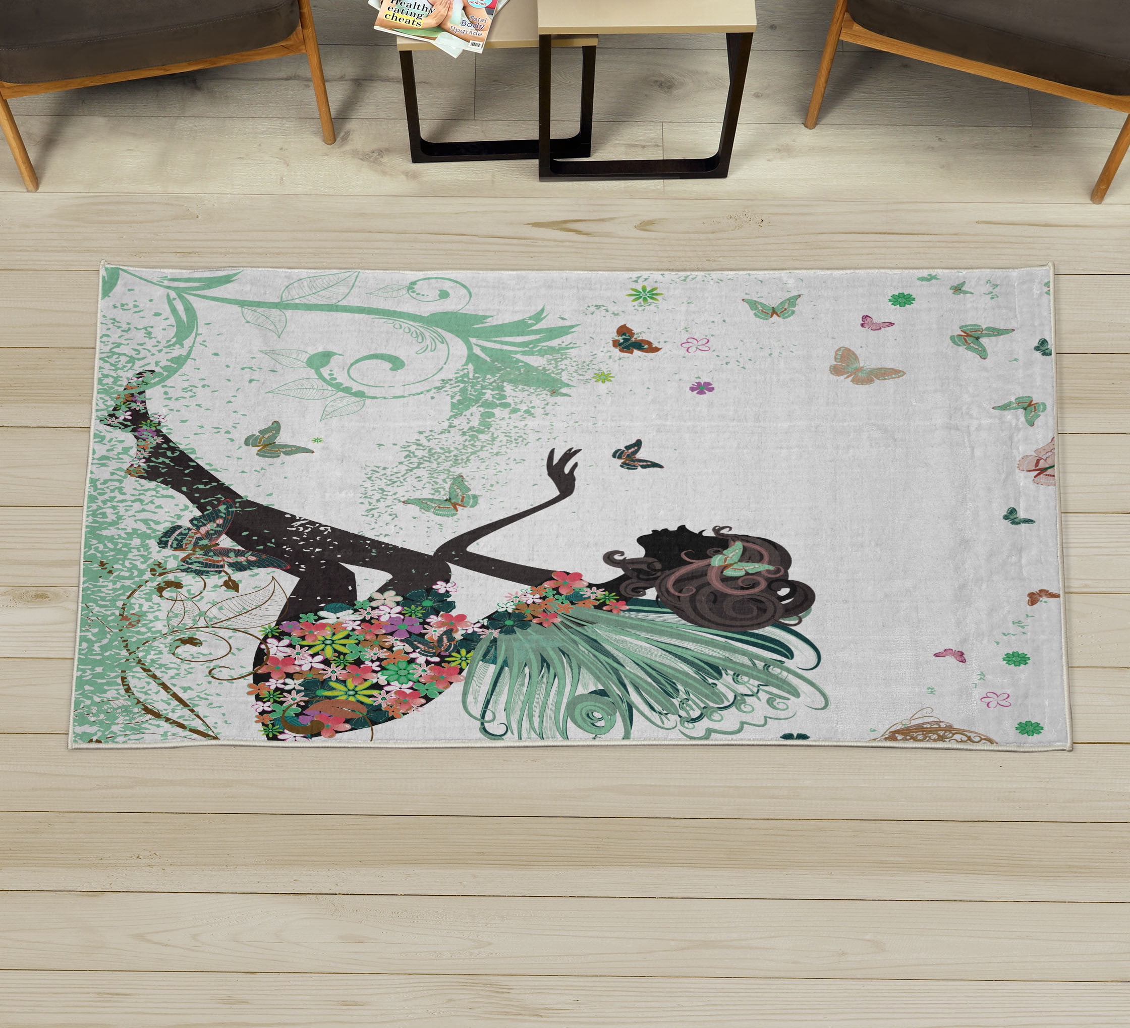 Fantasy Decorative Rug, Spring Girl Wings in a Floral Dress Surreal ...