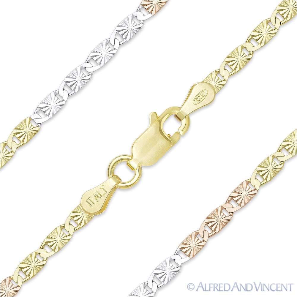 2.4mm Valentino Link D-Cut Pave Italian Chain Necklace in 3-Tone .925 ...