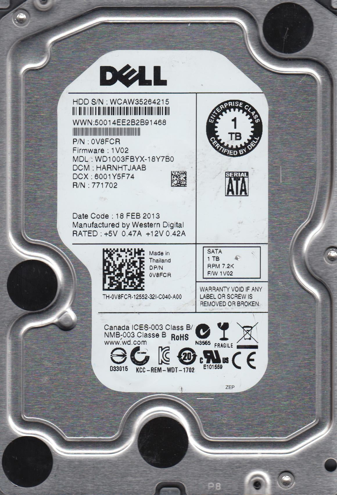 WD1003FBYX-18Y7B0, DCM HARNHTJAAB, Dell 1TB SATA 3.5 Hard Drive ...