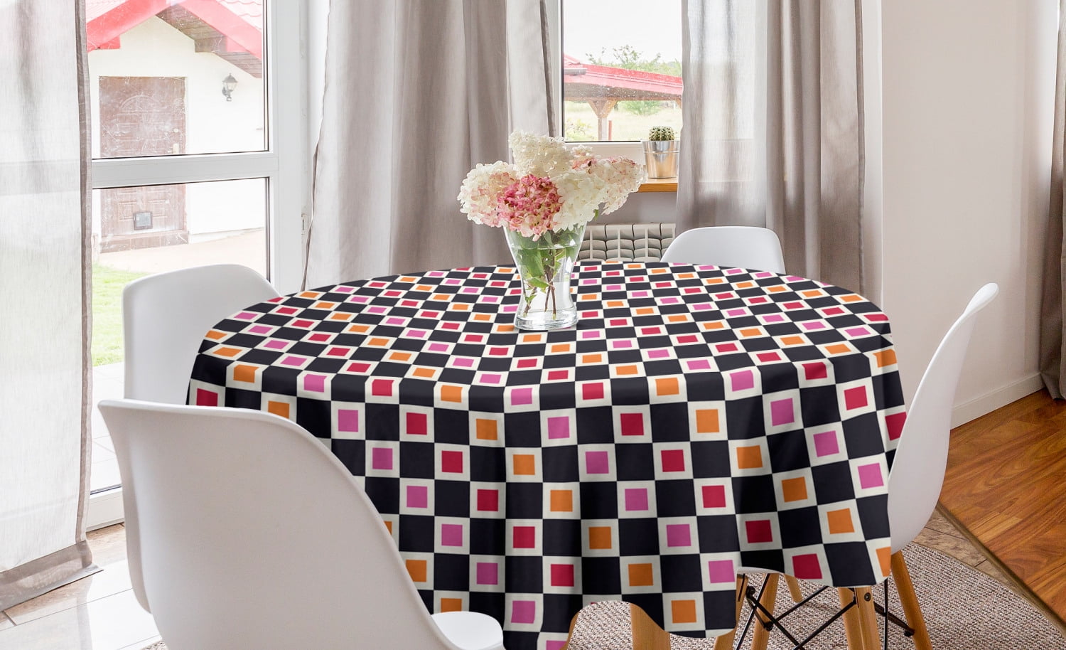 Geometric Round Tablecloth, Grid Style Checkered Pattern with Cool ...