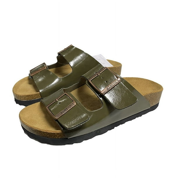 Cork Bottom Sandals Genuine Leather Double Breasted Flip Flops Retro ...
