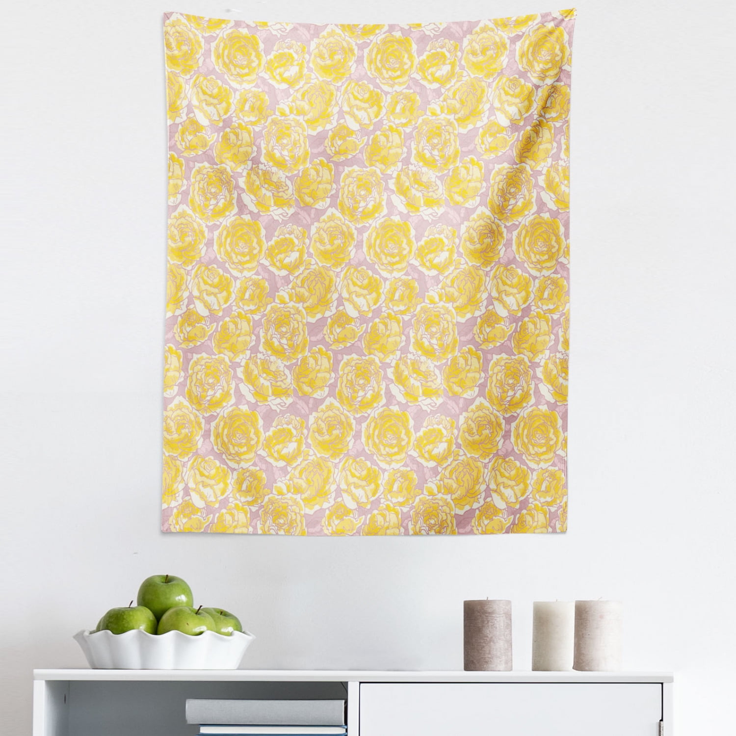 Flower Tapestry, Hand Drawn Romantic Yellow Roses Blooming in Spring ...