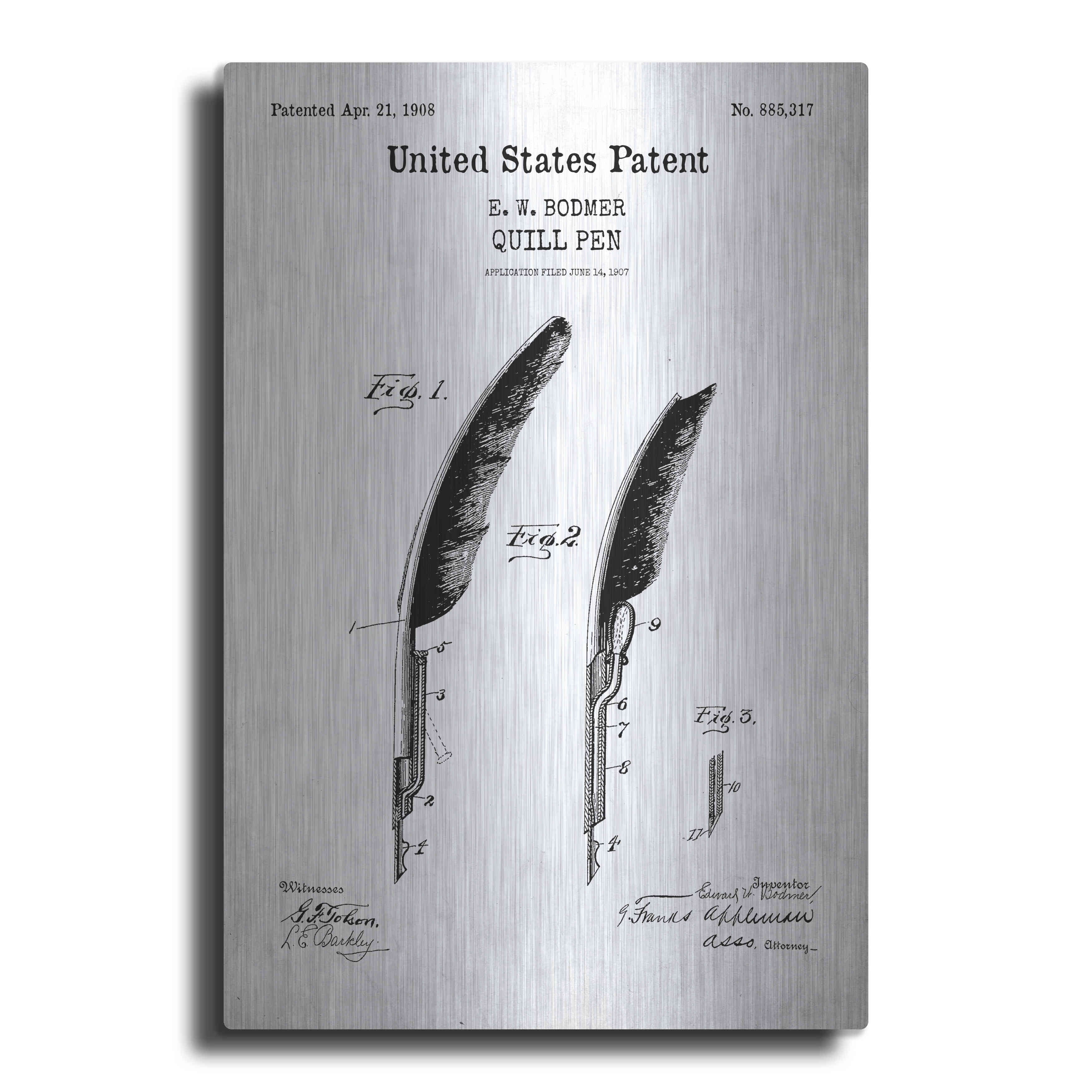 Luxe Metal Art 'Quill Pen Blueprint Patent White' Acrylic Glass Wall ...