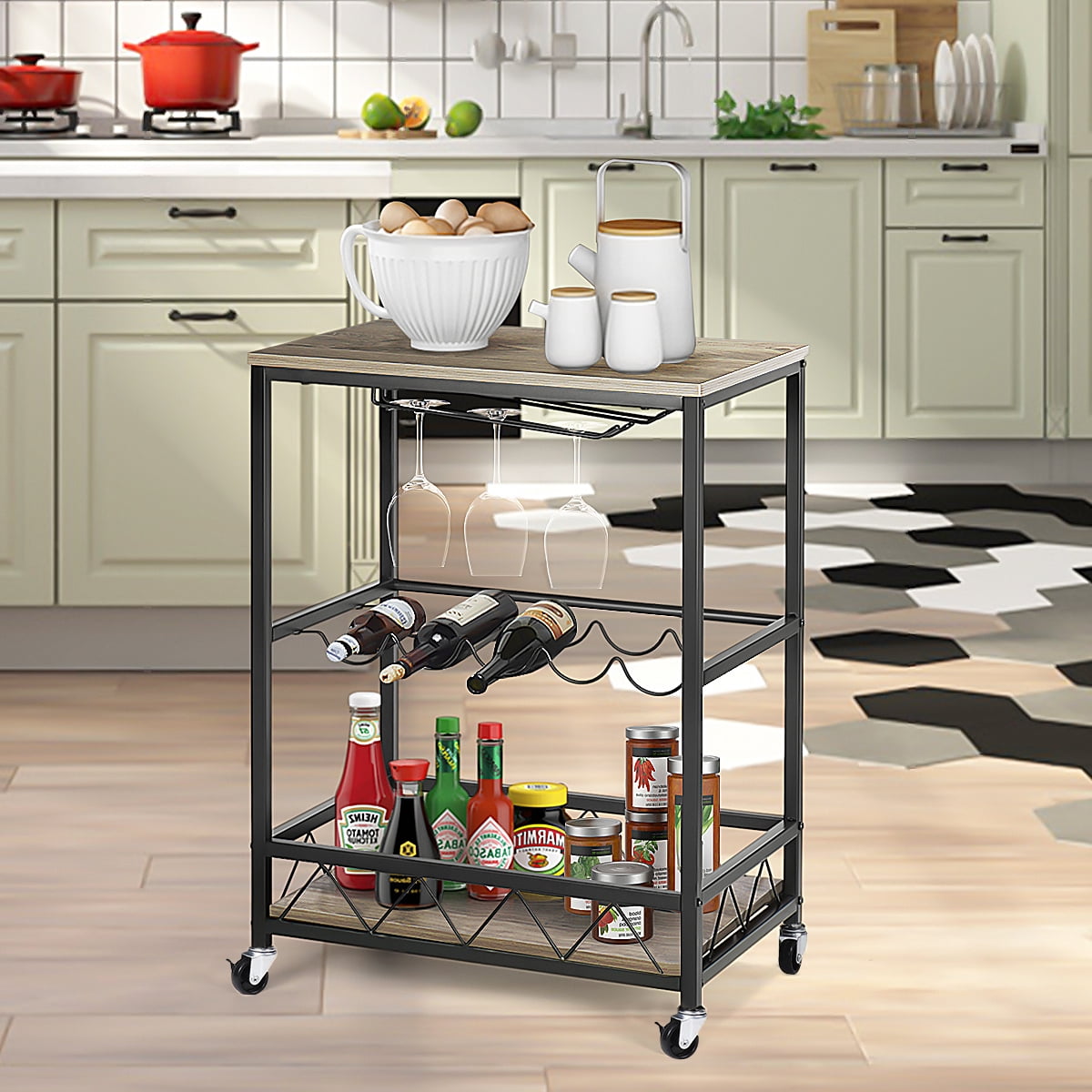 3-Tier Bar Carts Kitchen Serving Utility Cart on Wheels with Storage ...