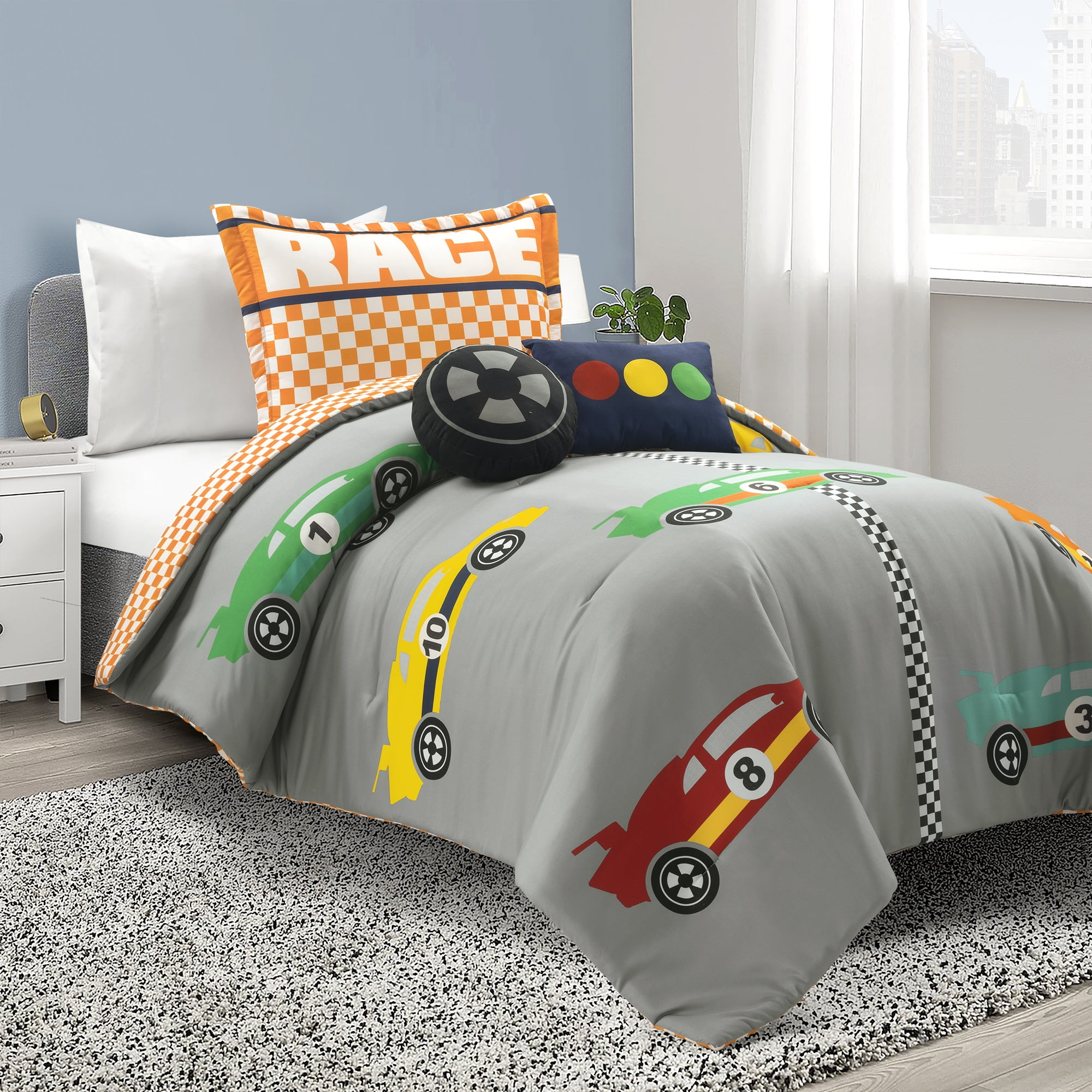 Lush Decor Racing Cars Reversible Oversized Comforter Gray/Orange 4Pc ...