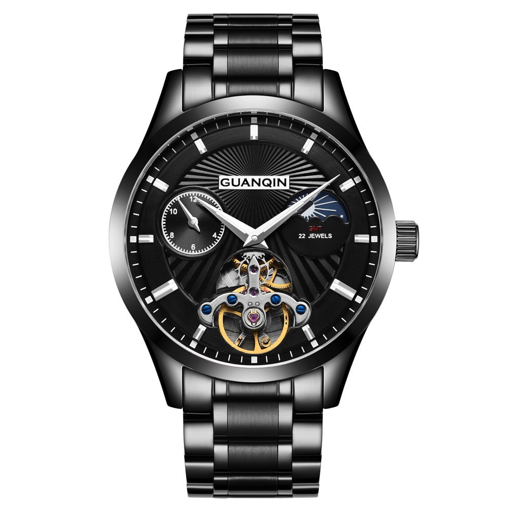 GUANQIN Men Moon Phase Skeleton GMT Luminous Analog Automatic Self ...