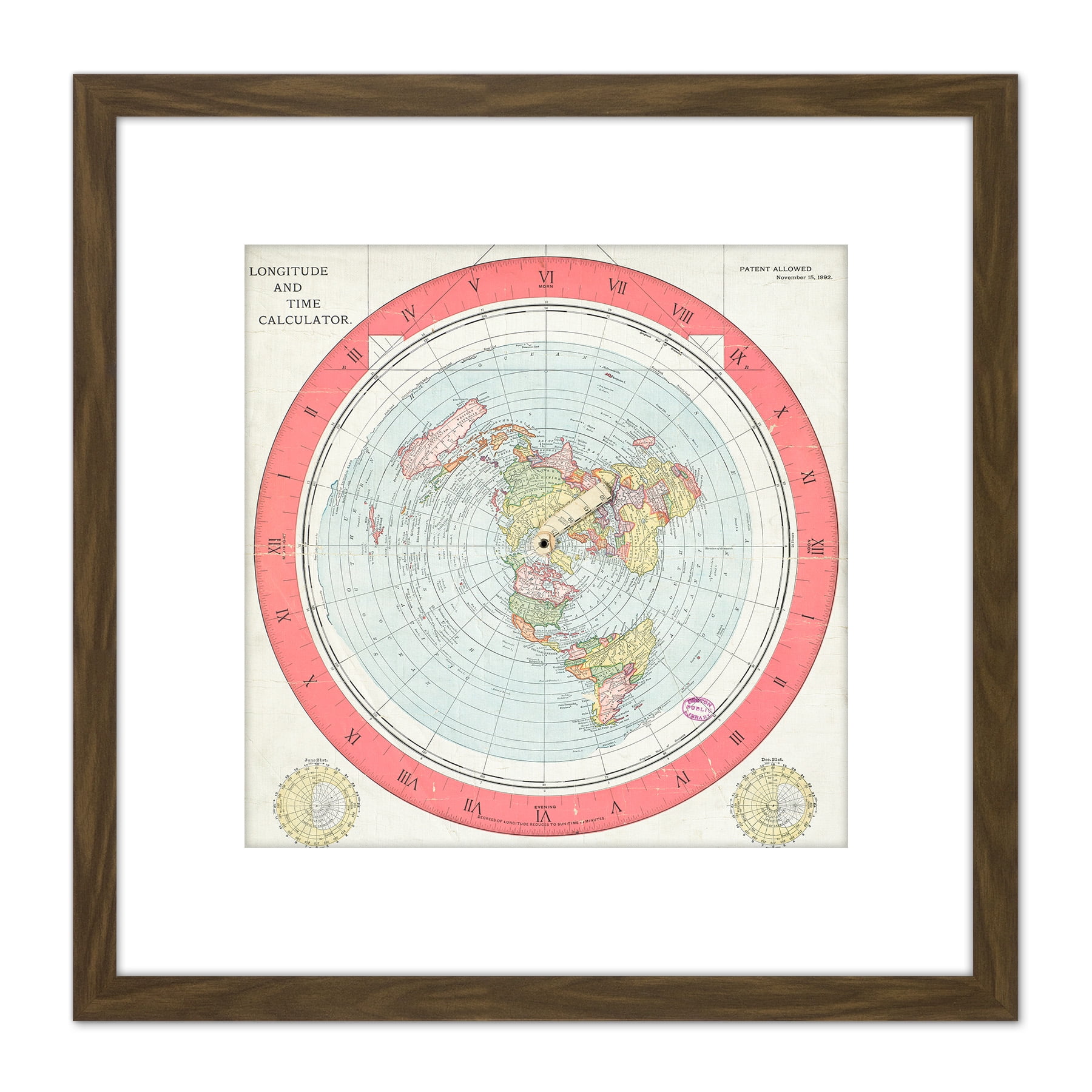 Map Gleason 1892 World Time Calculator Flat Earth 8X8 Inch Square ...