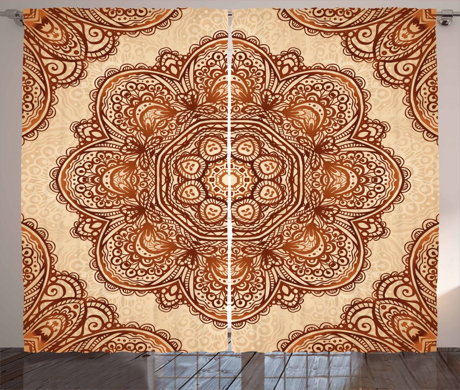 India Curtains 2 Panels Set, Mehndi Style Floral Flower with Abstract ...