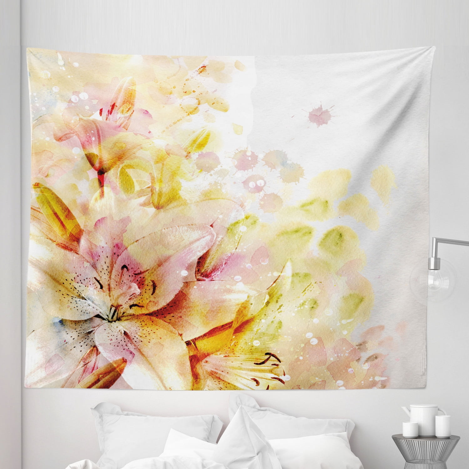 Shabby Flora Tapestry, Watercolored Lilies Flowers Buds Leaves Colored ...
