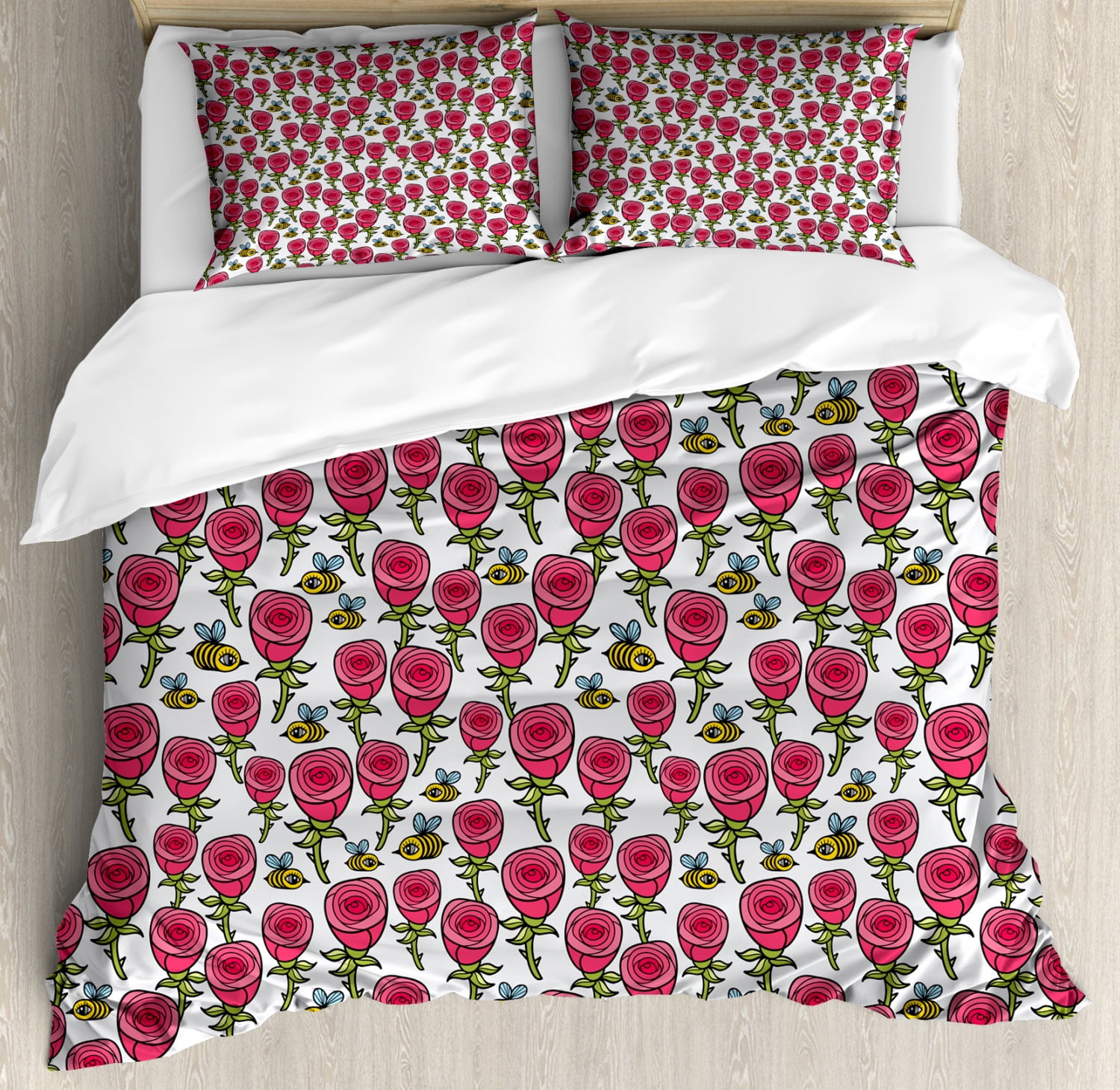 Bee King Size Duvet Cover Set, Pattern of Rose Buds Bouquets and Flying ...