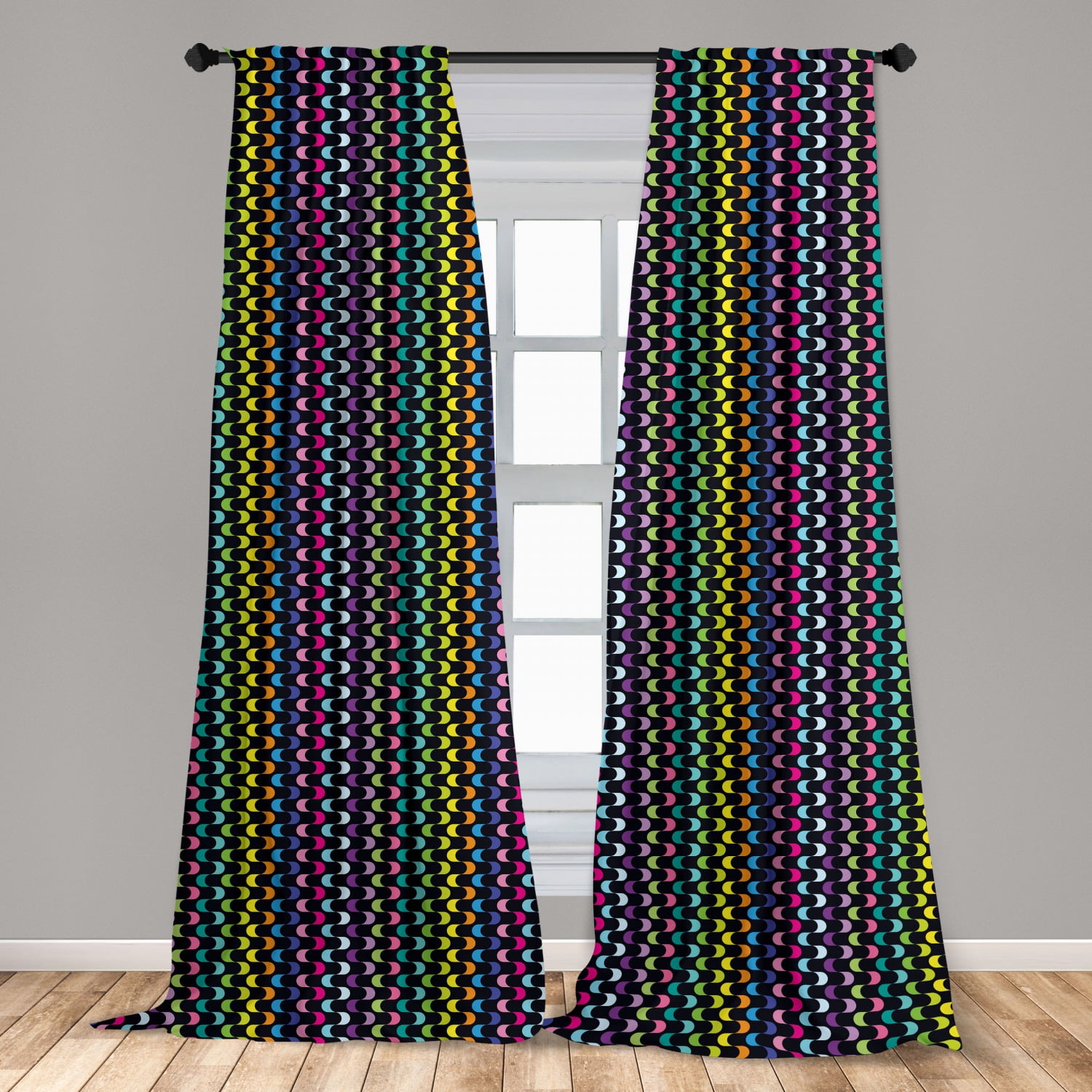 Abstract Curtains 2 Panels Set, Curved Stripes with Rainbow Colors on a ...