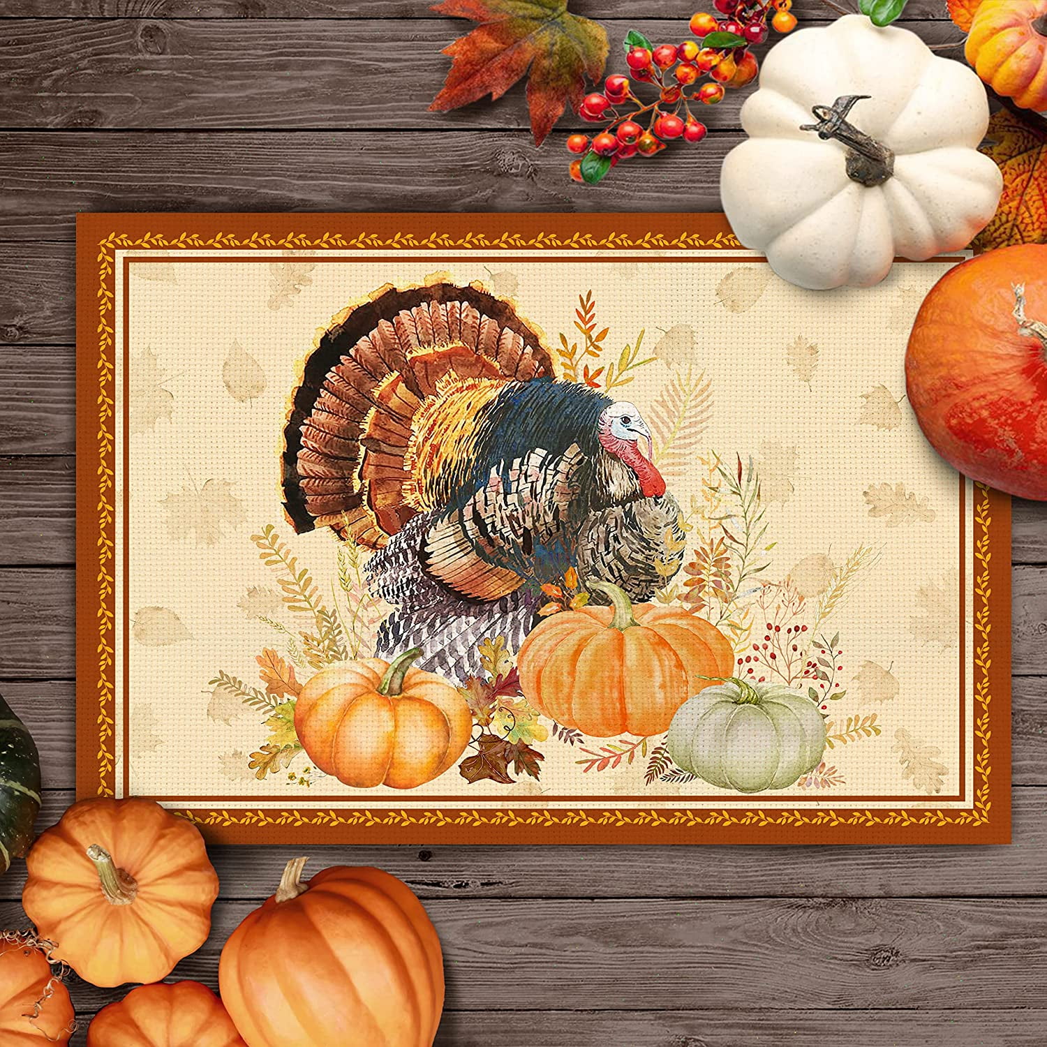 Fall Thanksgiving Turkey Placemats,Autumn Pumpkin Rustic Placemats Set ...
