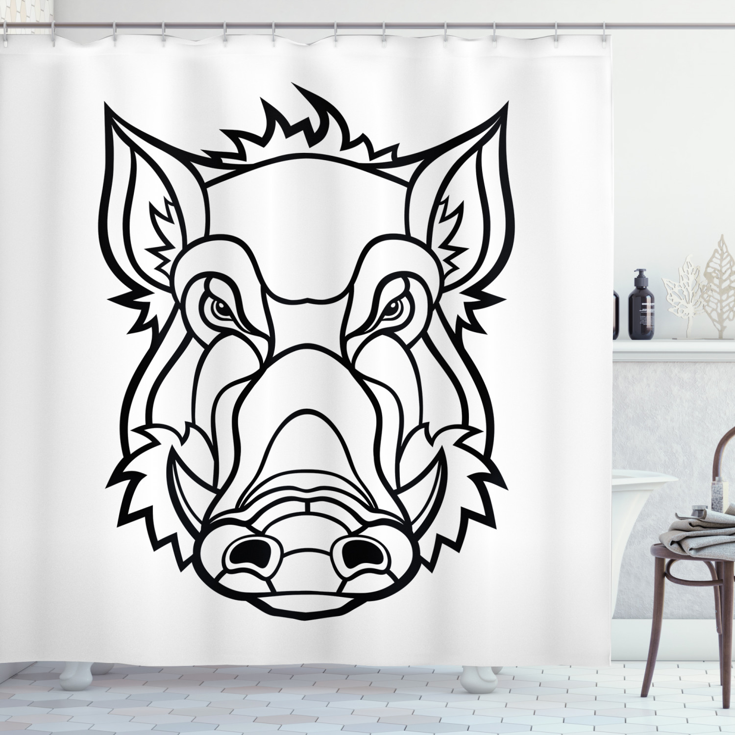 Ambesonne Razorback Shower Curtain, Uncolored Wild BoarHead, 69"Wx84"L ...