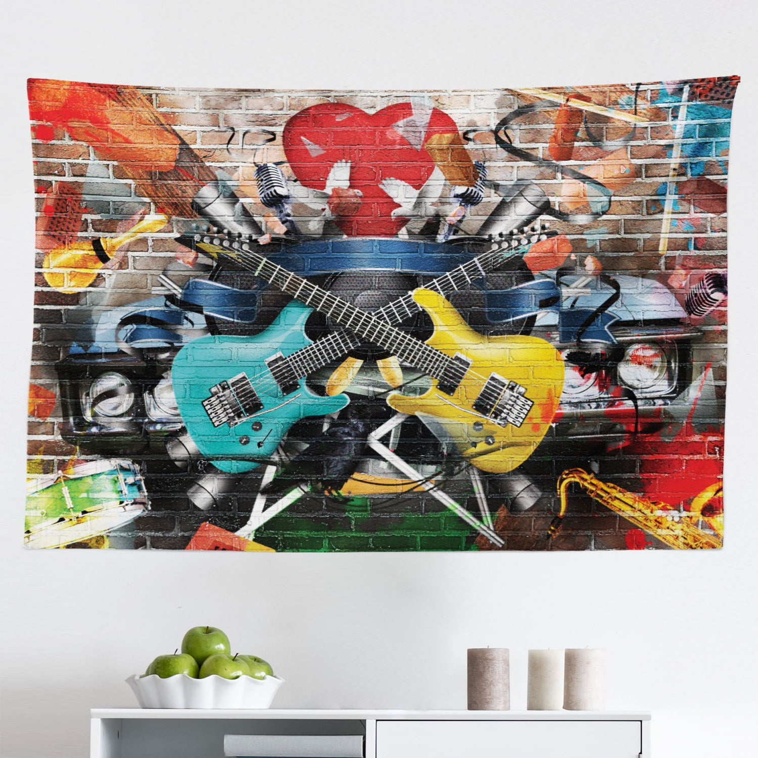 Music Tapestry, Music Instruments on Wooden Stage in Pub Beverage Cafe ...