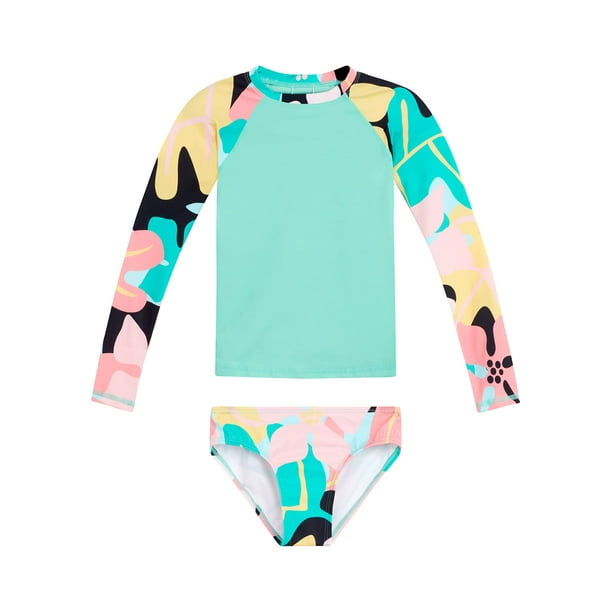 Kanu Surf Girls' Long Sleeve Rashguard Two Piece Swim Set, Aria Coral ...