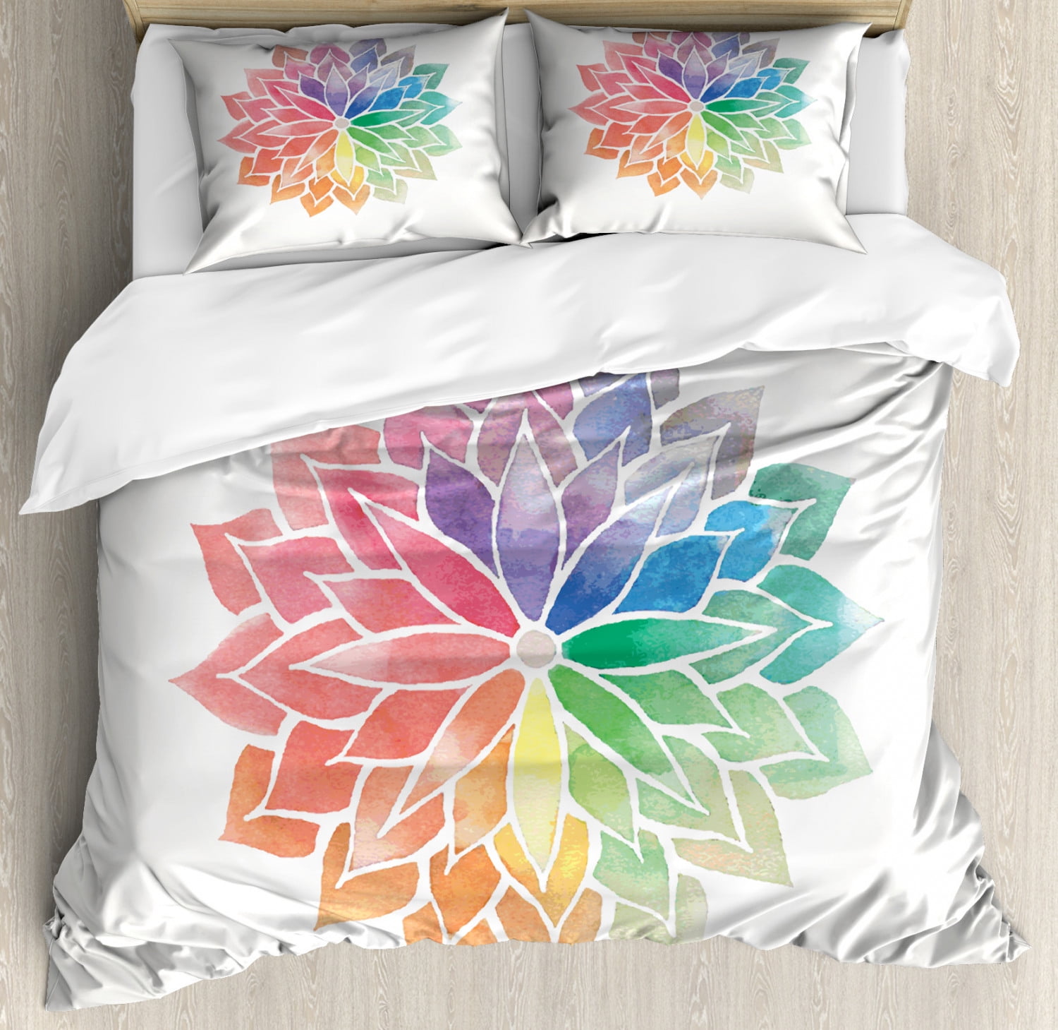 Rainbow Mandala King Size Duvet Cover Set, Watercolor Style Flower ...