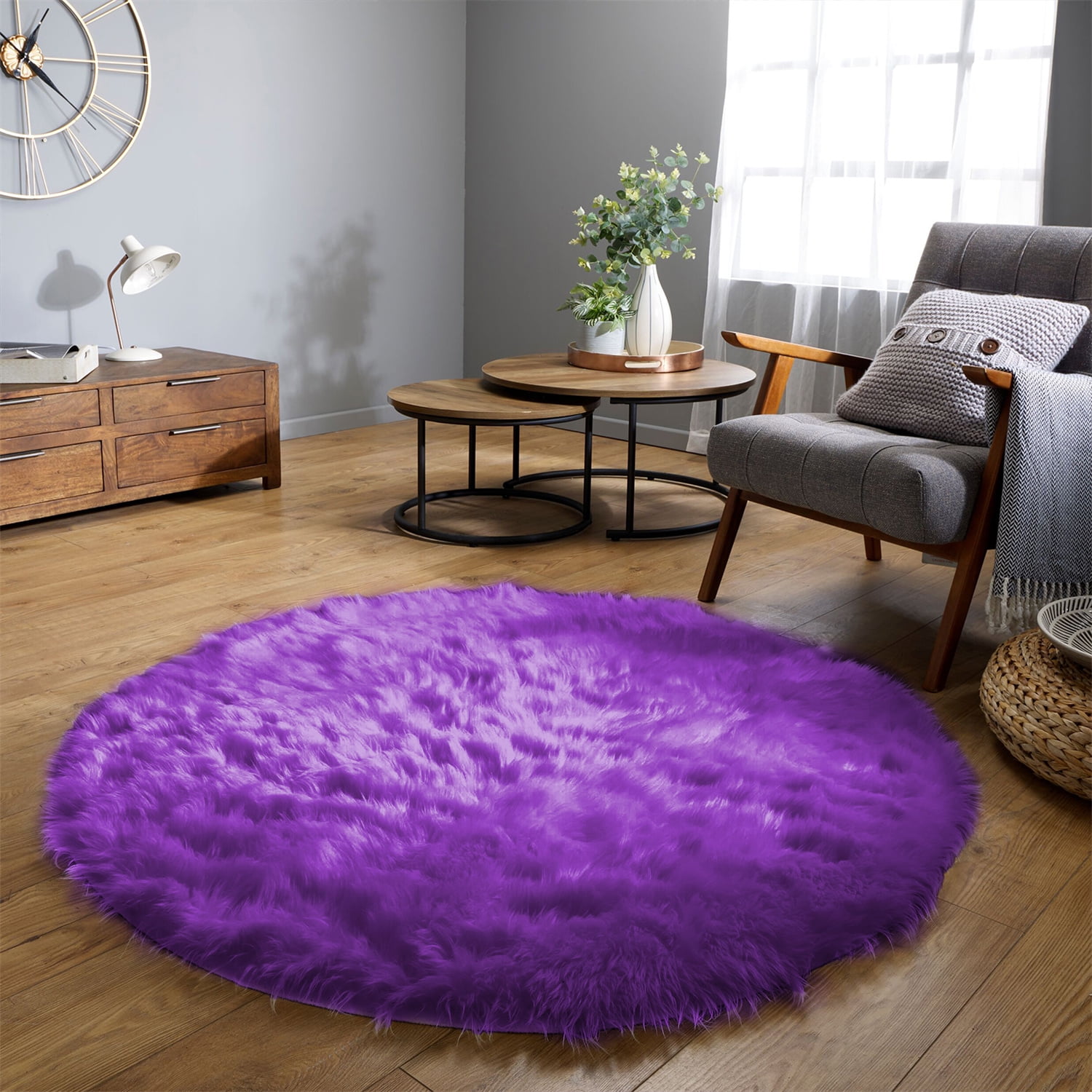 Latepis Purple Round Rug 5ft Faux Fur Sheepskin Circle Rug for Living ...