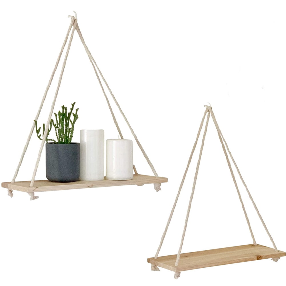Wood Wall Hanging Shelf, Wood Floating Shelves, Hanging Swing Rope ...