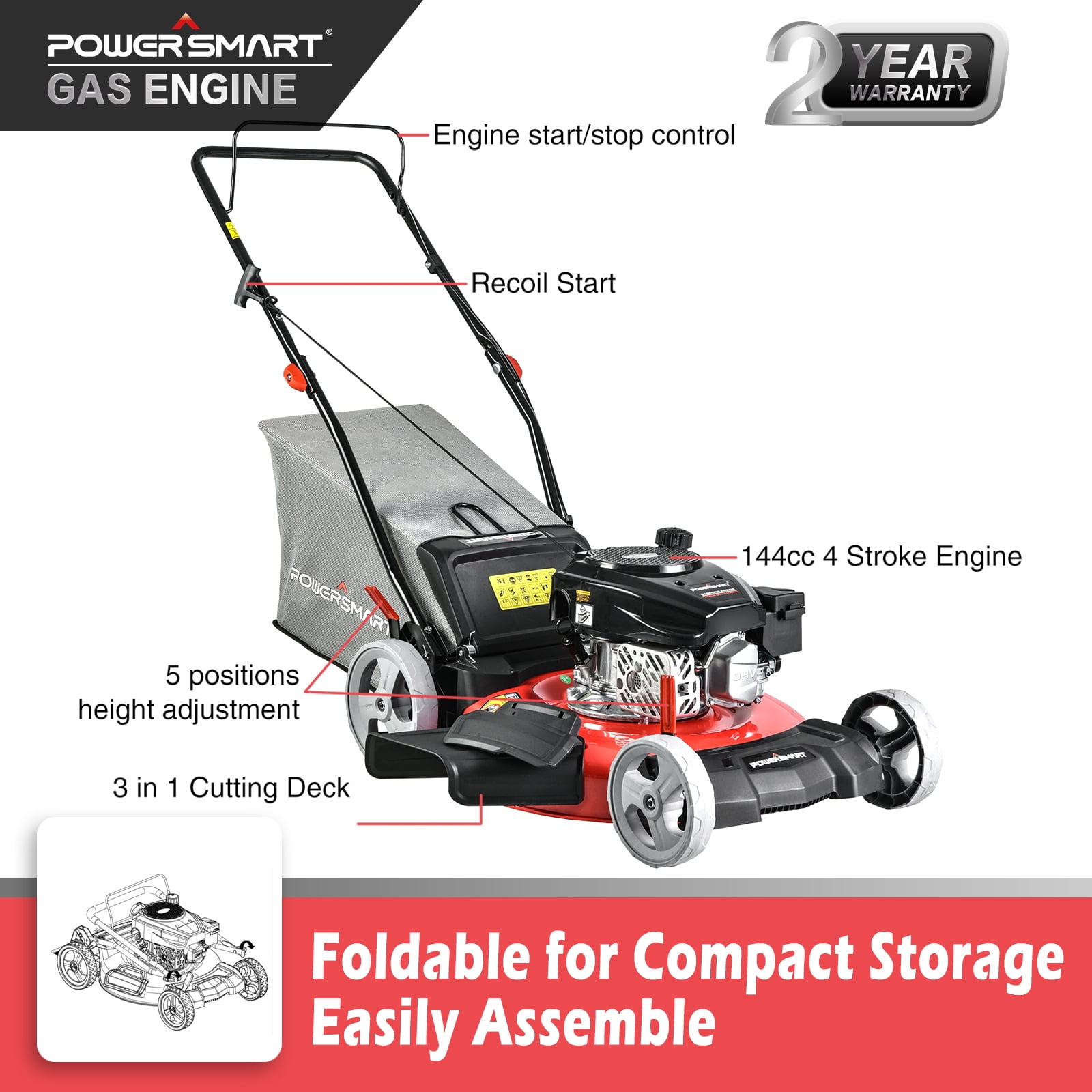 Buy Power Smart Gas Powered Push Lawn Mower with 3 In 1 Cutting System ...