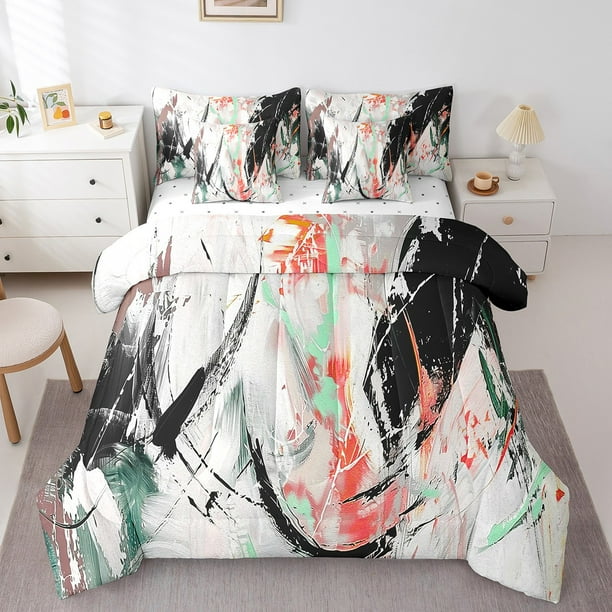 YST 7 Piece Black And Coral Bedding Set Oil Painting Artwork Bed In A ...