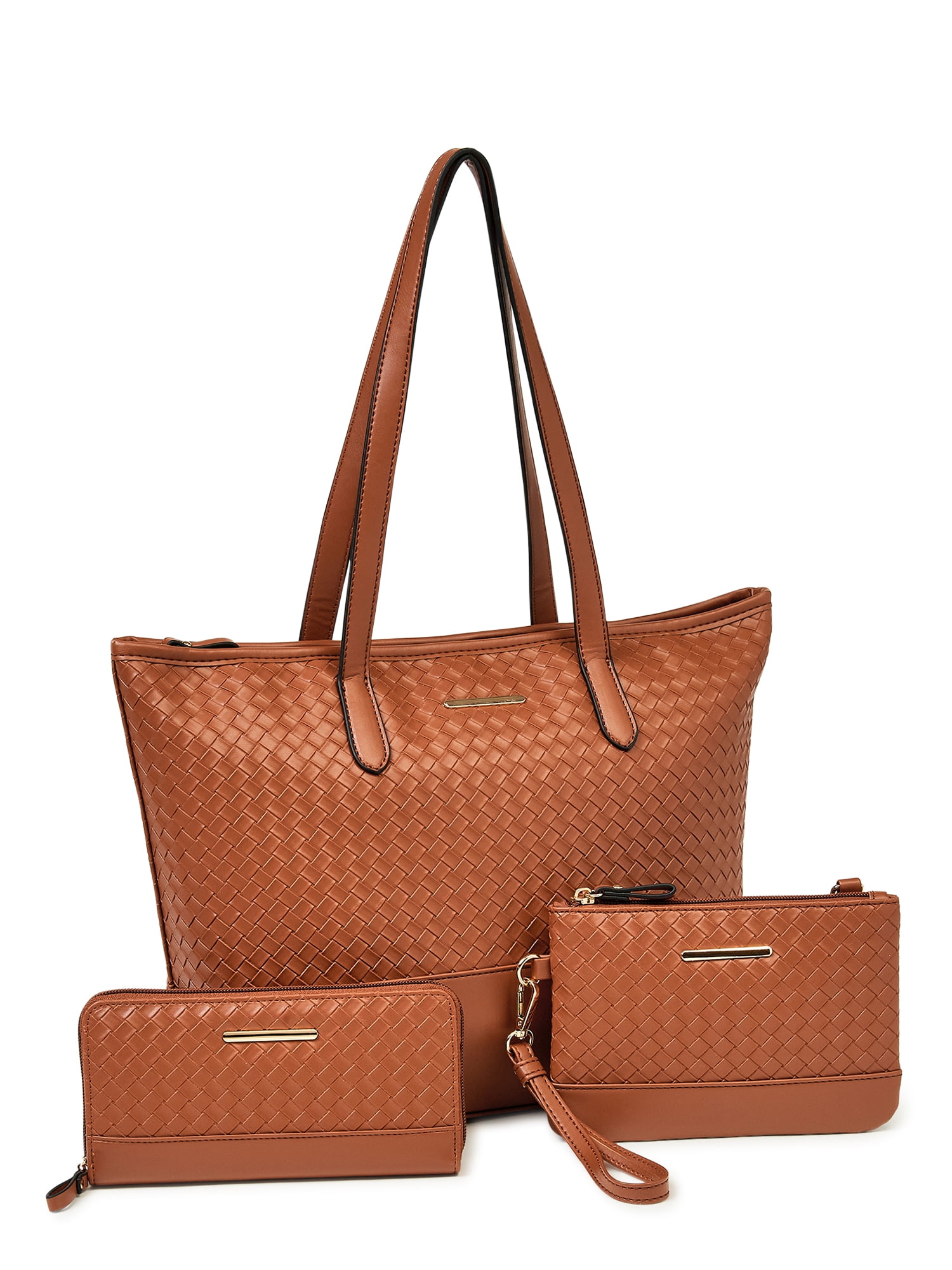 Time and Tru Women's 3 in 1 Tote Bag 3-Piece Set Cognac Woven - Walmart.com