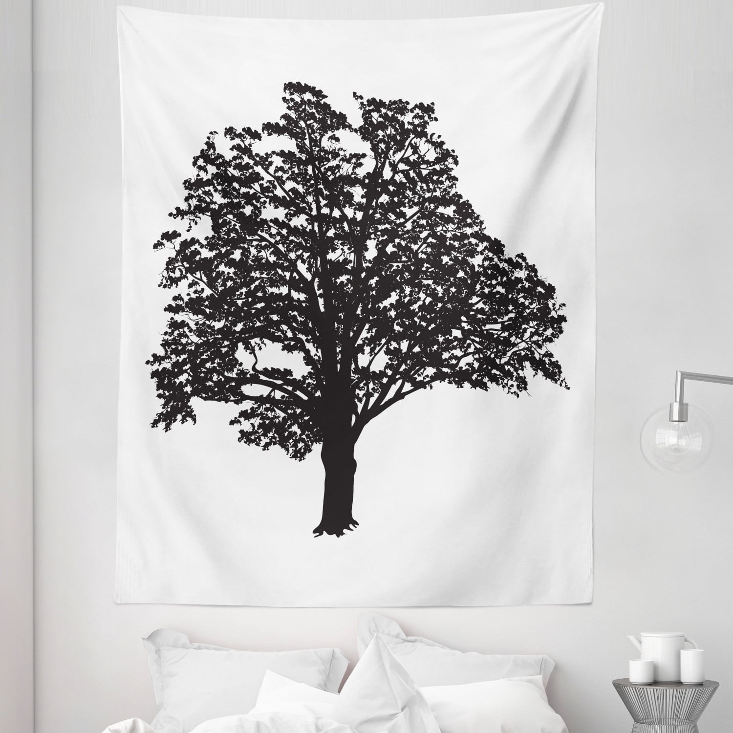Oak Tree Tapestry, Quercus Silhouette Leaves Monochrome Drawing Forest ...