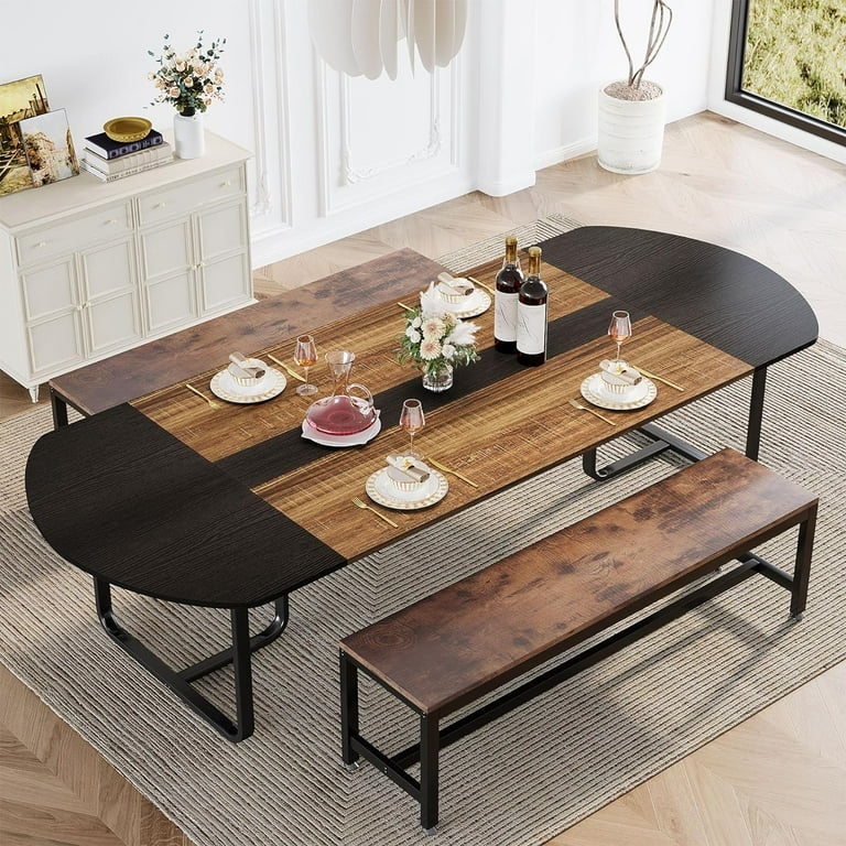 70.86 Modern Oval Dining Table with Walnut and Black Finish Splicing Board Curved Kitchen Tables for 6 8 Large Dining Room Table with Stylish Metal
