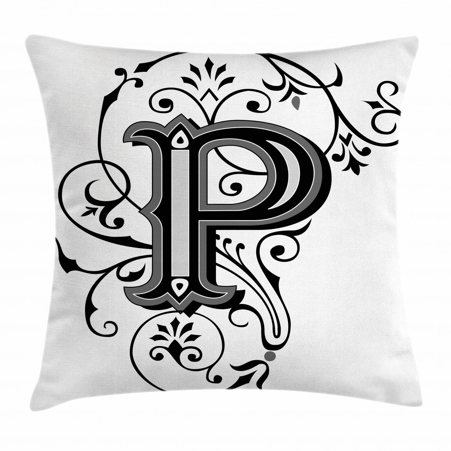Letter P Throw Pillow Cushion Cover, Floral Swirls Essence Blooms ...