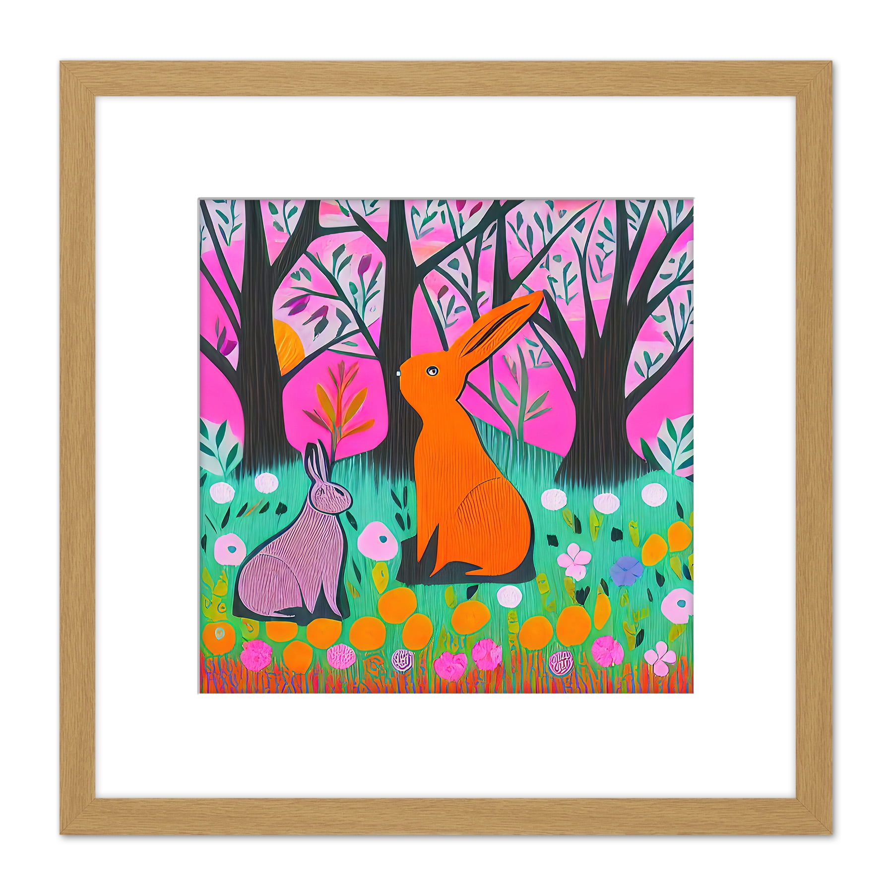 Bunny Rabbits In A Forest Meadow Flowers Pastel Pink Teal Illustration ...