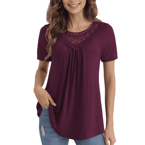 FOLUNSI Women's Plus Size Summer Tops Short Sleeve Lace Pleated Blouses ...