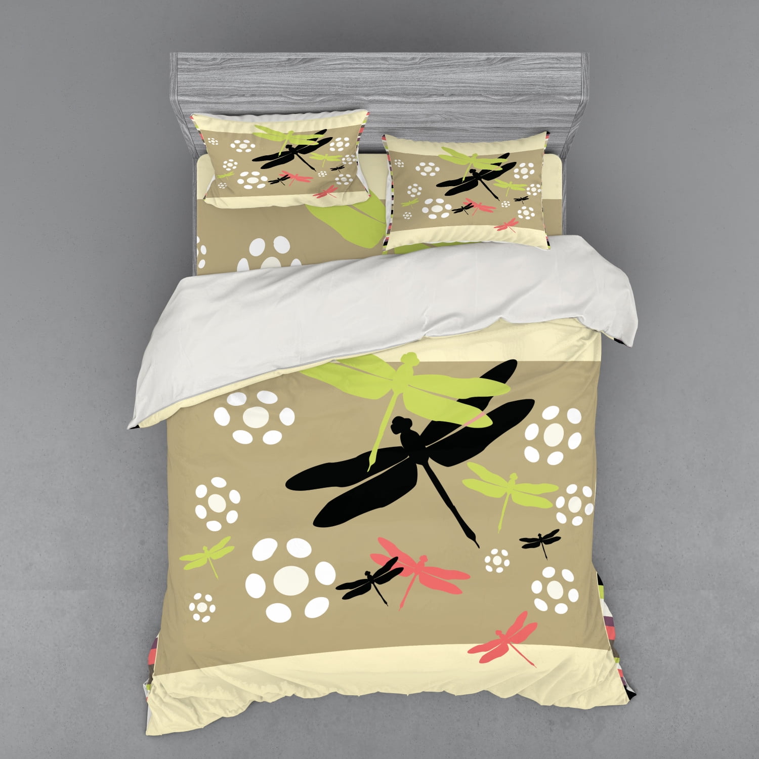 Dragonfly Duvet Cover Set, Floral Pattern with Abstract Daisies Nature ...