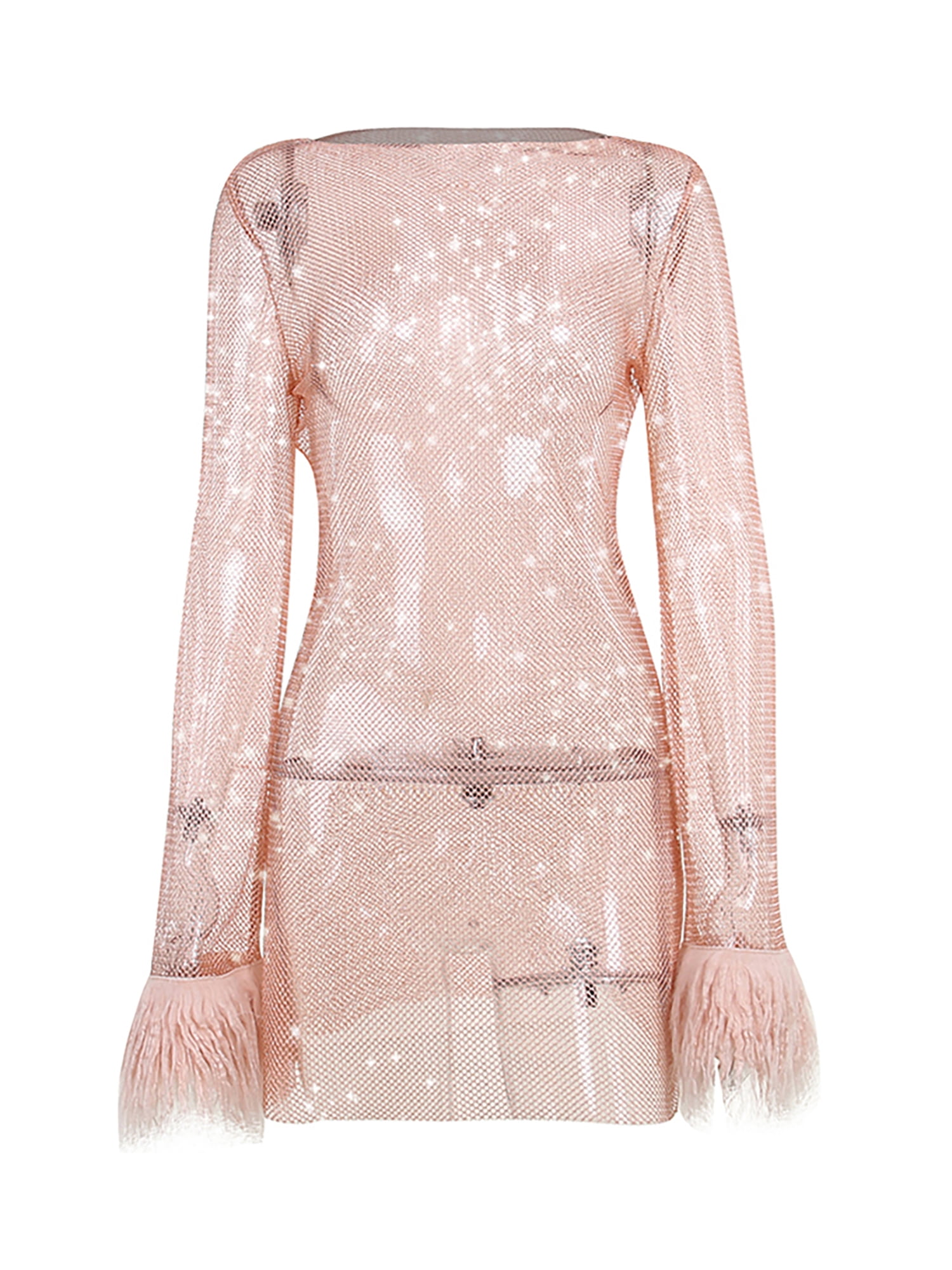 Women Sexy Sequin Mesh Dress See Through Feather Long Sleeve Bodycon ...
