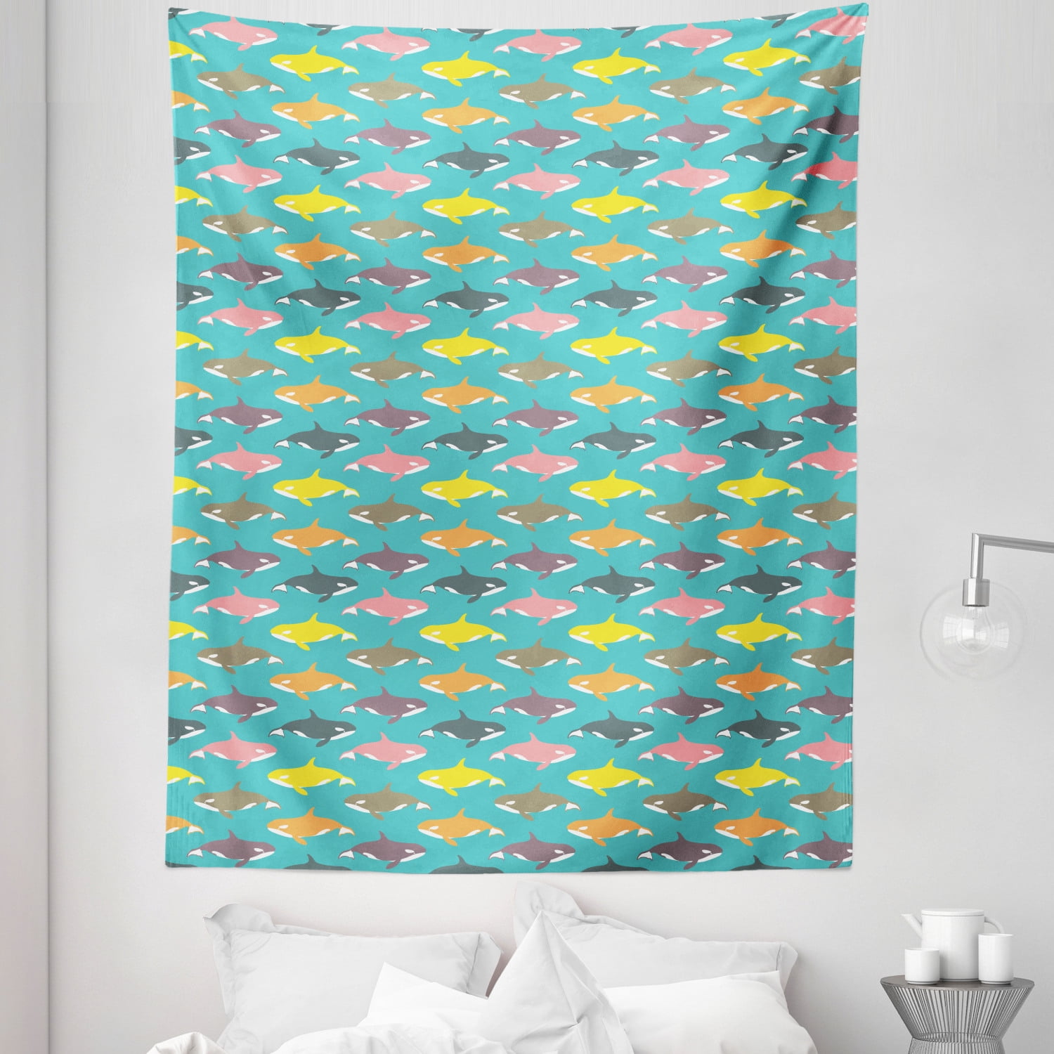 Whale Tapestry, Colorful Orca Silhouettes Aquatic Animals Minimalist ...