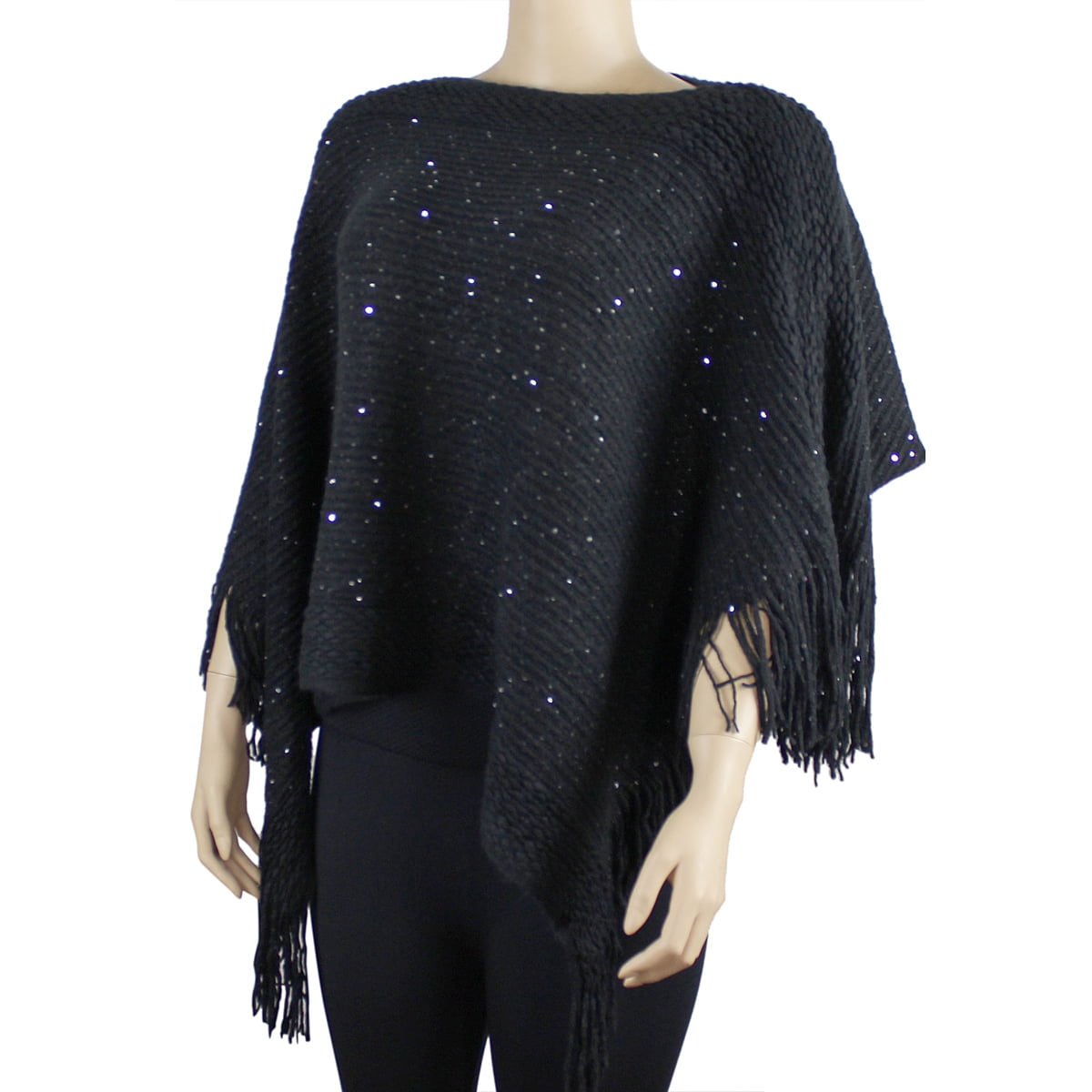 Bohemian V-Neck Sequined Tasseled Short Poncho Black - Walmart.com