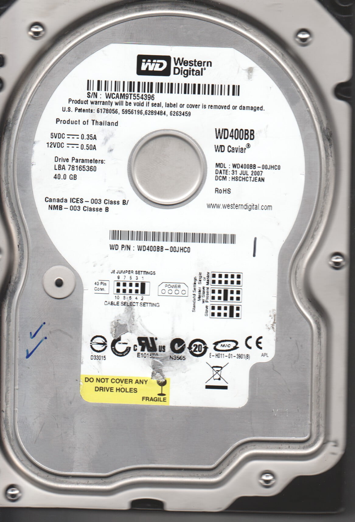 WD400BB-00JHC0, DCM HSCHCTJEAN, Western Digital 40GB IDE 3.5 Hard Drive ...