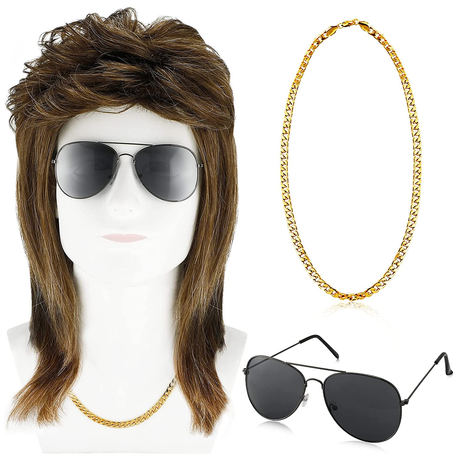 4 Pieces Mullet Wigs Set Men 80s Costumes Cosplay Set, Includes 80s ...