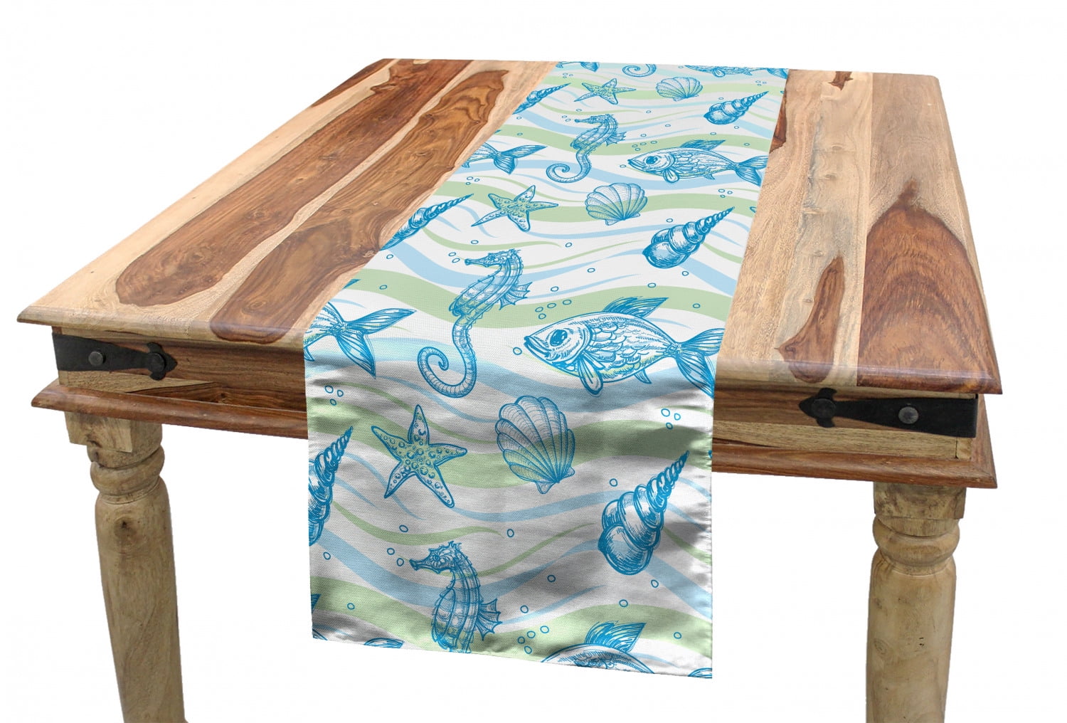 Nautical Table Runner, Marine Ocean Shell Starfish Oyster Mollusk Sea ...
