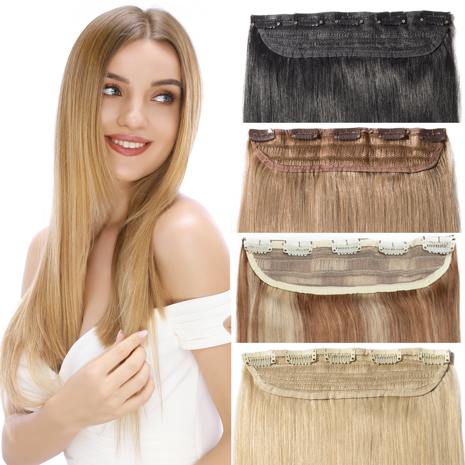 Benehair Clip One Piece Human Hair Extensions 100% Remy Hair Weft 3/4 ...
