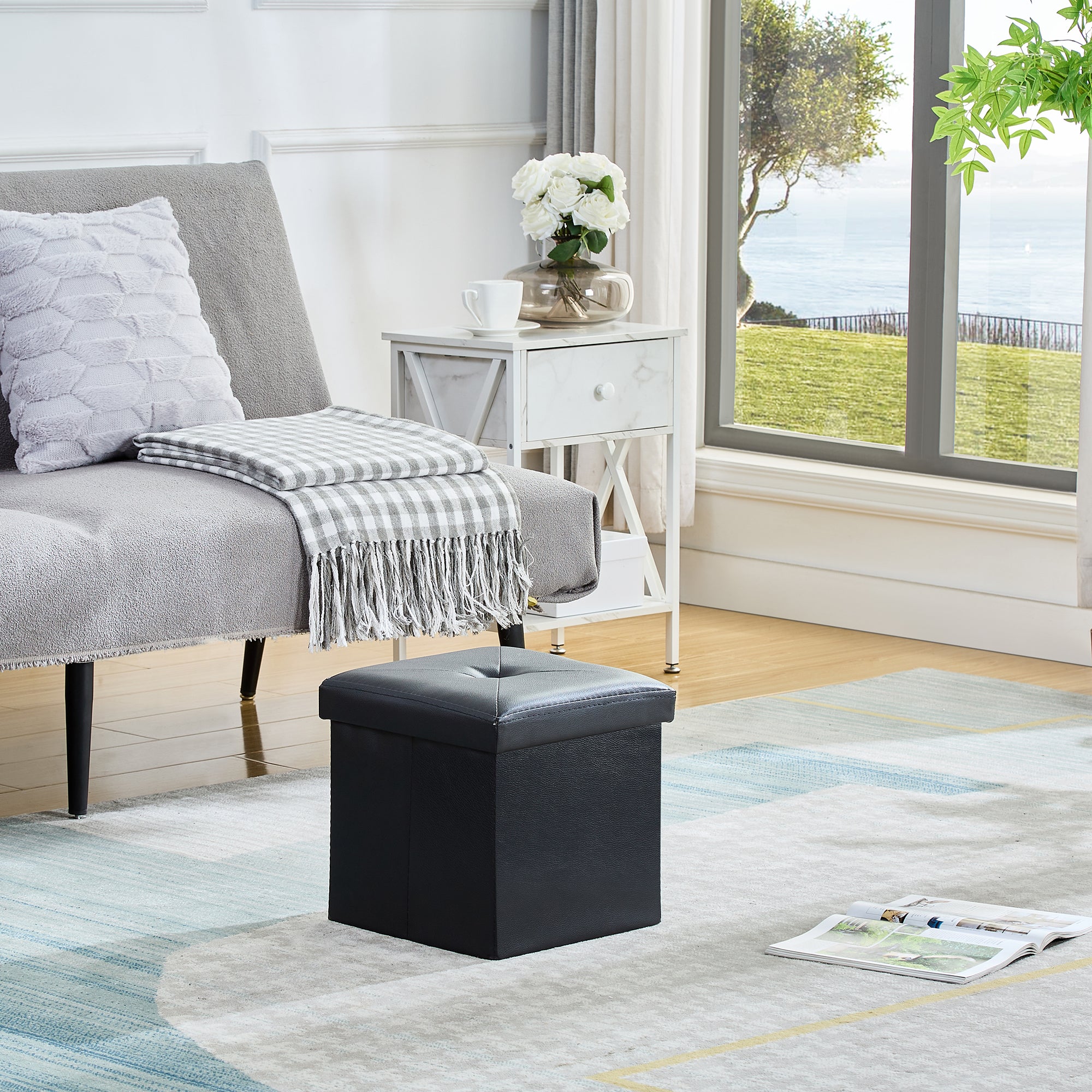 VECELO 12" Folding Storage Ottoman Bench, Faux Leather Footrest Couch ...