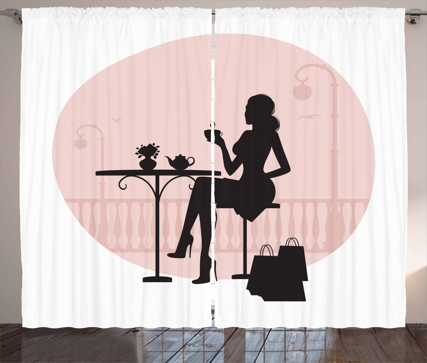 Vintage Woman Curtains 2 Panels Set, Silhouette of a Woman Drinking Tea ...