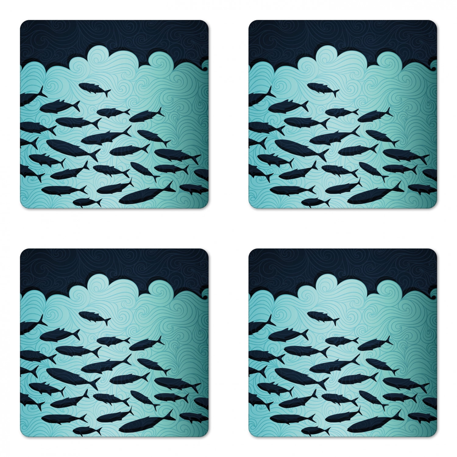 Fish Coaster Set of 4, Surreal Ornate Swirl Waves and Group of Fish ...