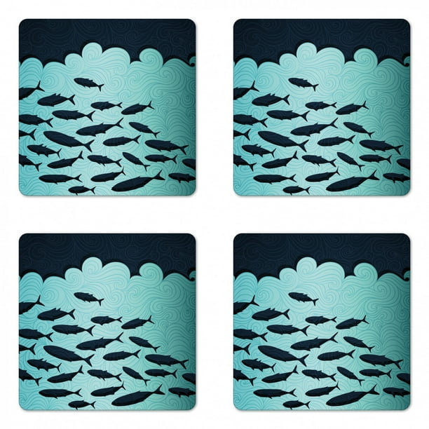 Fish Coaster Set of 4, Surreal Ornate Swirl Waves and Group of Fish ...