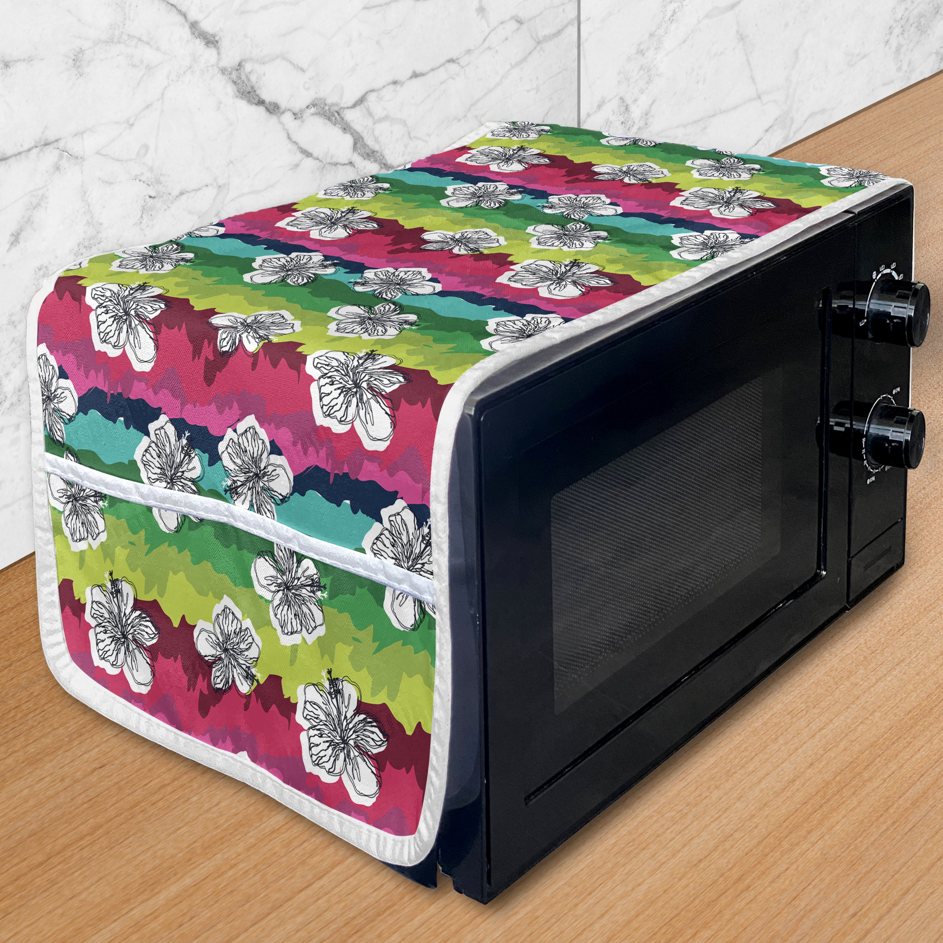Summer Microwave Oven Cover, Exotic Hibiscus Petals on Grunge Rainbow ...